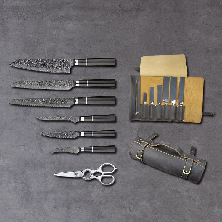 8 Pieces Damascus Kitchen Knife Set Chef Knife Set with Leather Roll ...