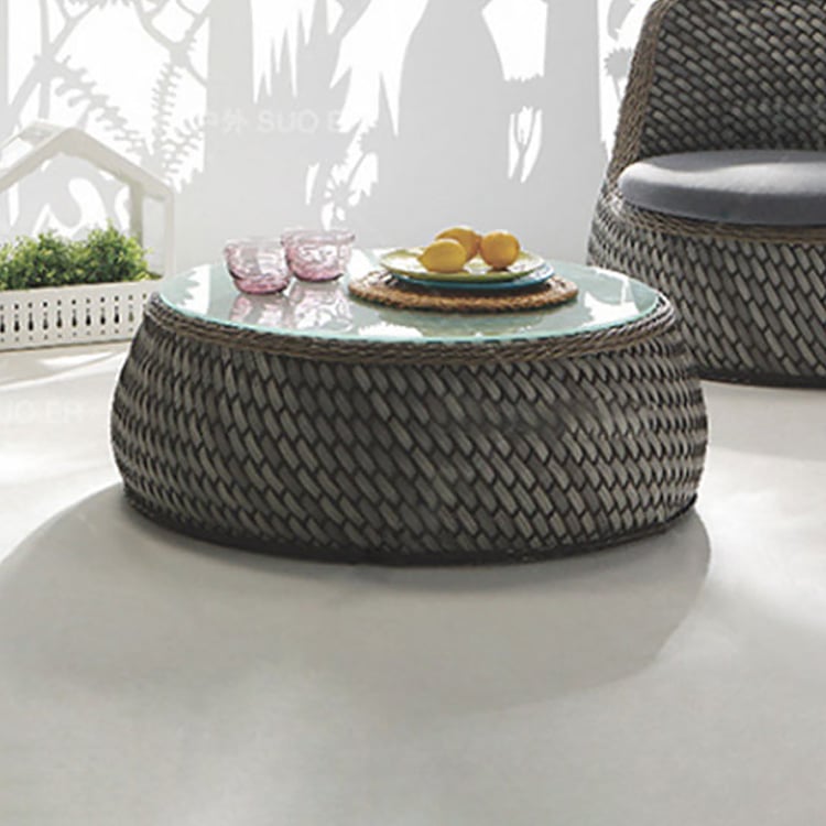 980mm Round Rattan Tempered Glass Tabletop Side Coffee Table Homary UK