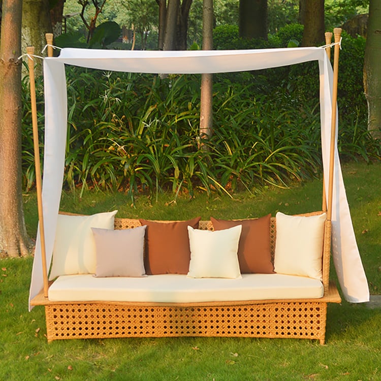 Yellow Rattan Patio Sofa Bed with Removable Rack and Sunshade｜Homary