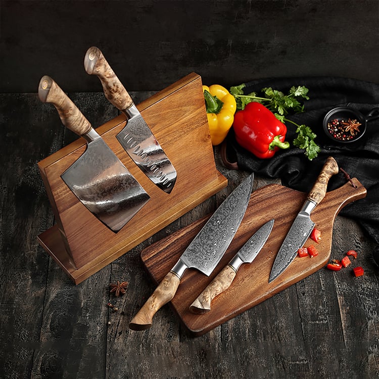 6-teiliges Damaskus-Küchenmesser-Set mit Holzblock und Holzgriff｜Homary DE