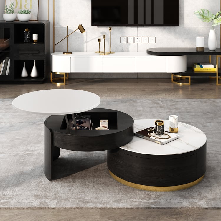 Modern Round Coffee Table with Storage Lift-Top Wood & Stone Coffee ...