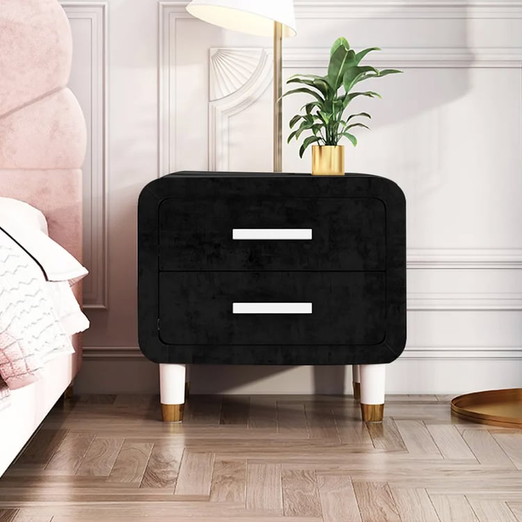 Modern Black Velvet Nightstand with 2 Drawers Bedroom｜Homary