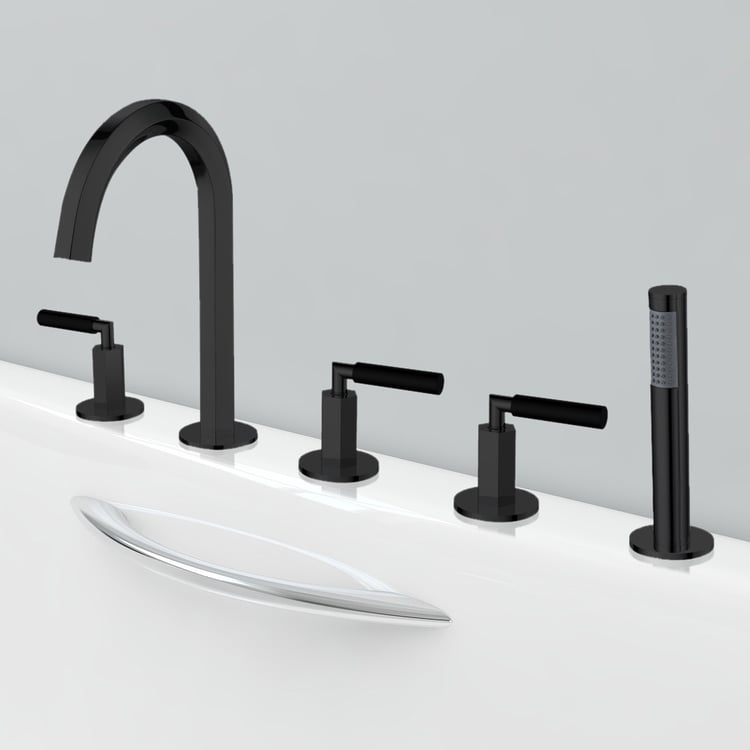 Modern Black Deck Mounted 3-Handle Bath Mixer Tap 5-Hole Bath Filler ...