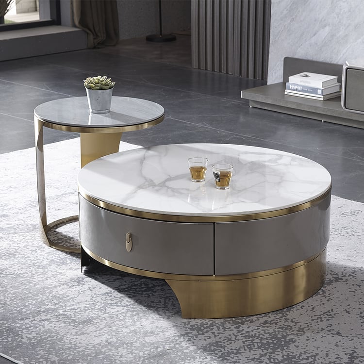 Modern Round White Nesting Coffee Table Set with Sintered Stone Top 2 ...