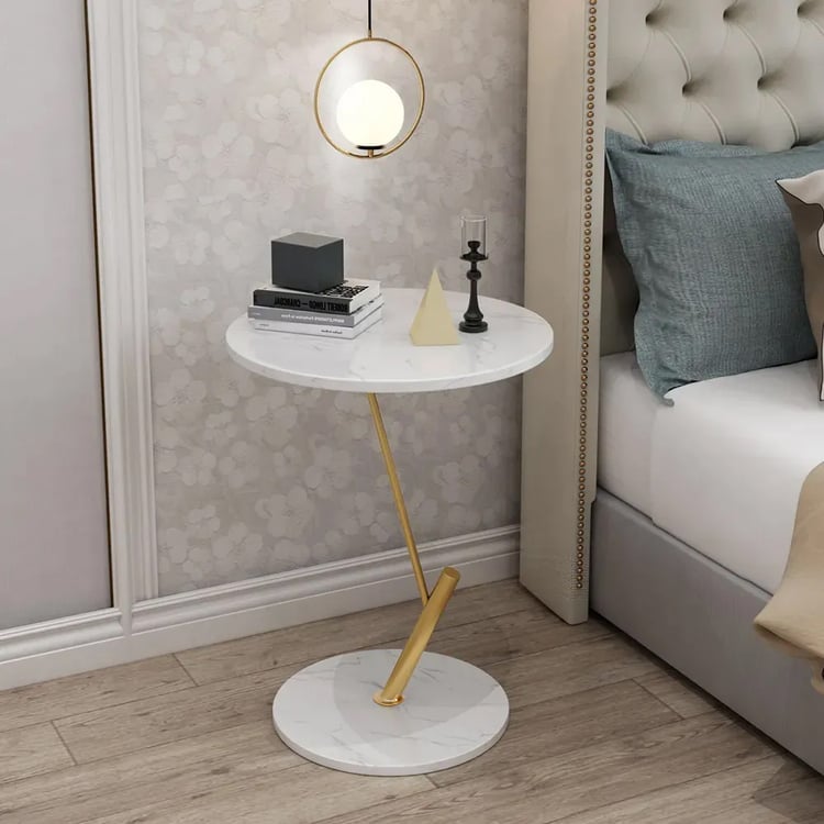 White Round End Table Modern Marble Top Side Table｜Homary