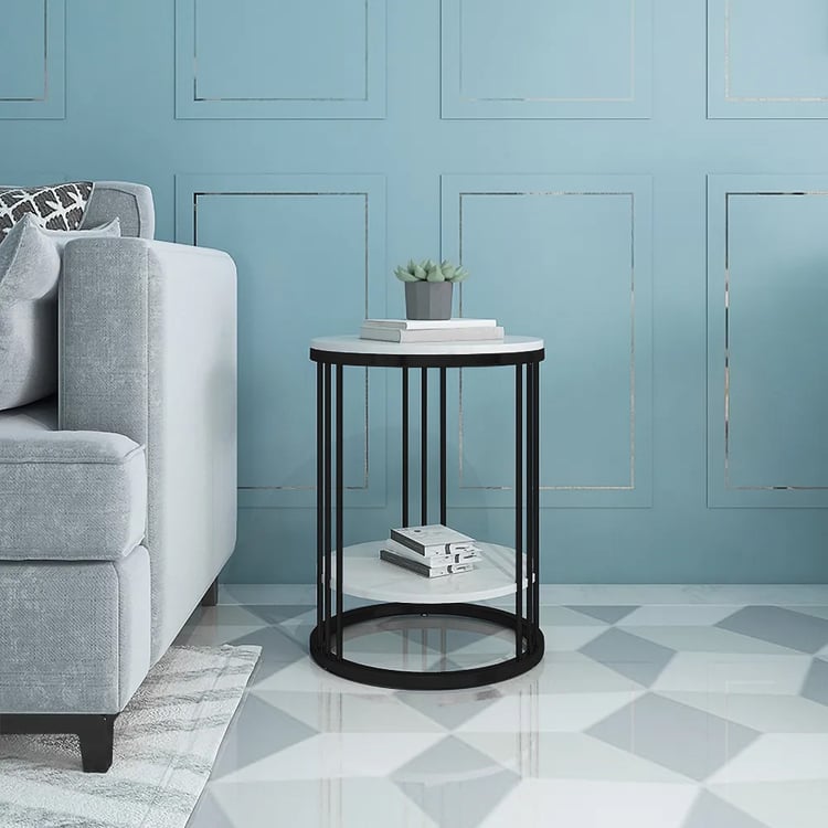 Modern Round Faux Marble Side Table with Shelf Black Finish | Homary