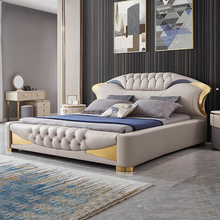Modern White Blue Faux Leather Upholstered Low Profile Platform Bed Homary UK