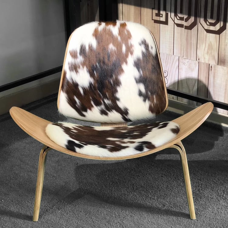 Brown & White Cowhide Lounge Chair with Manchurian Ash Wood Base｜Homary