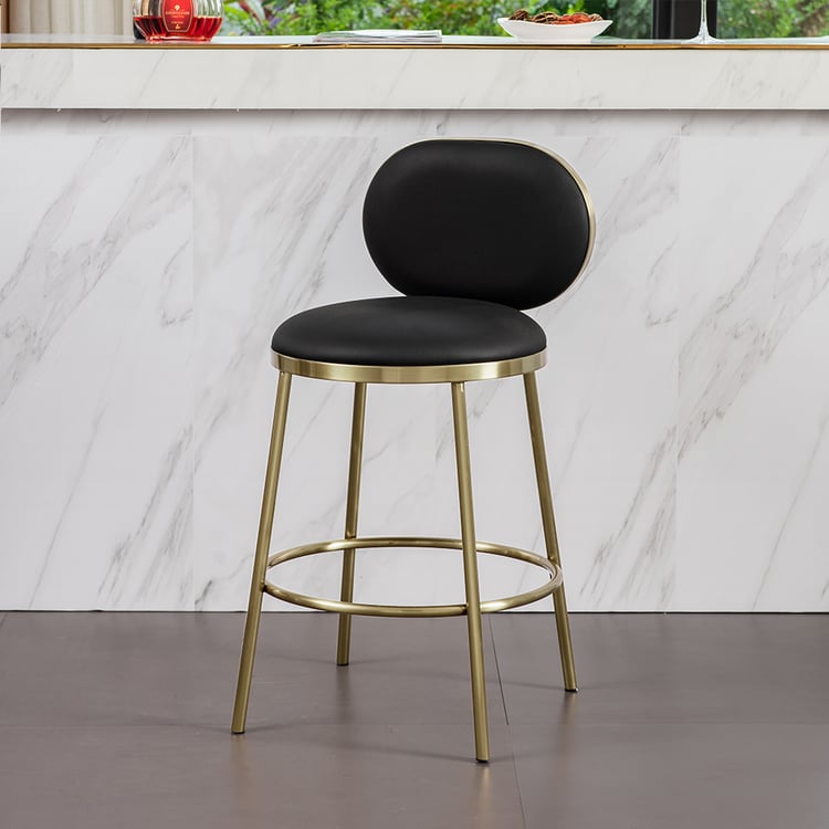 Modern Black Faux Leather Upholstery Round Counter Stool with Back｜Homary