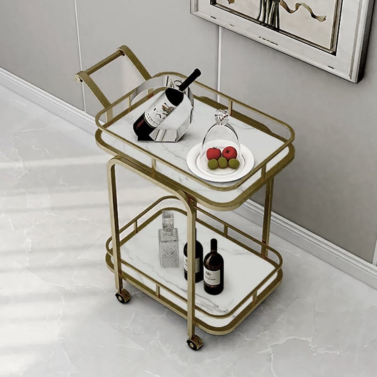 2-Tier Modern Metal Frame Bar Cart Marble Top Serving Cart with Casters ...