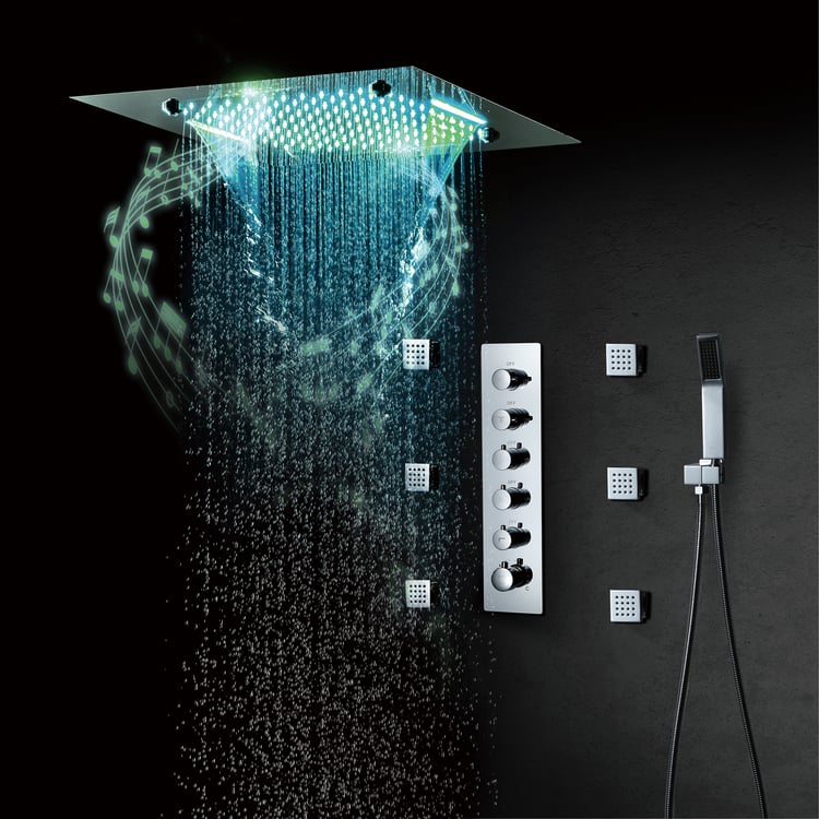 Wall-Mounted 20" Music Shower System Rainfall 5 Functions Thermostatic ...