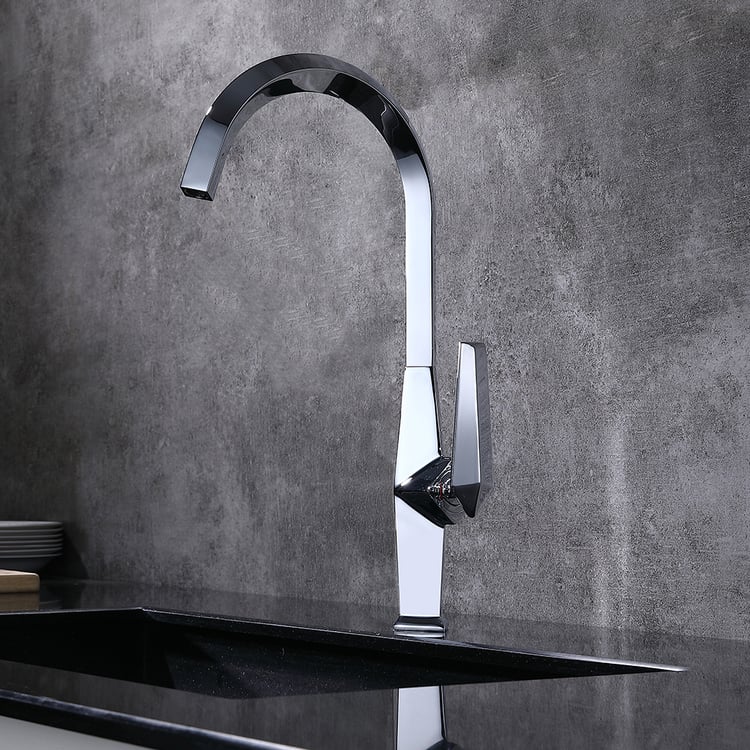 Modern Geometric Single Hole High Arc Brass Kitchen Faucet in Chrome｜Homary