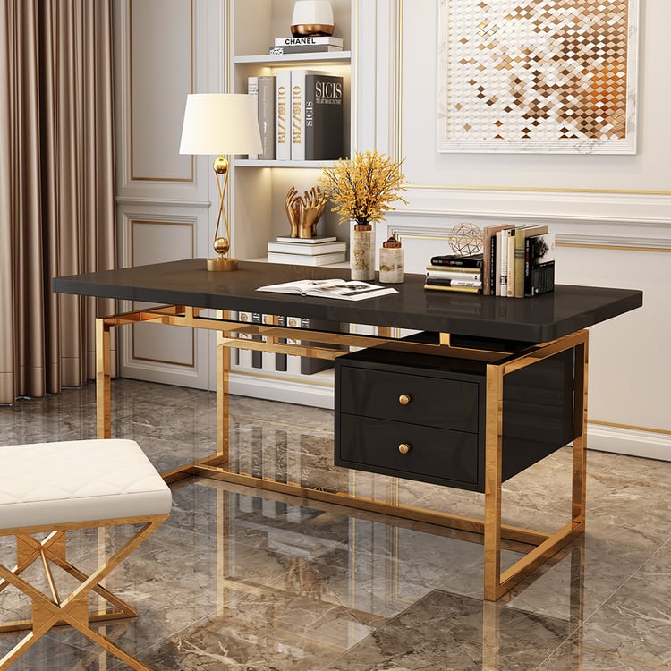 47" Black Writing Desk Modern Computer Desk with 2-Drawer in Gold｜Homary