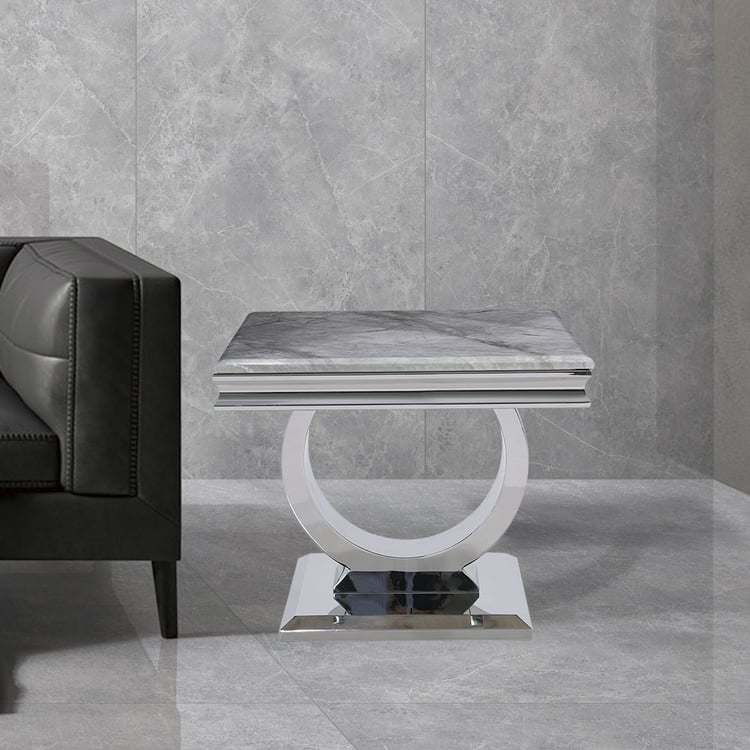 600mm Grey Side Table Square Faux Marble Top Silver Base｜Homary