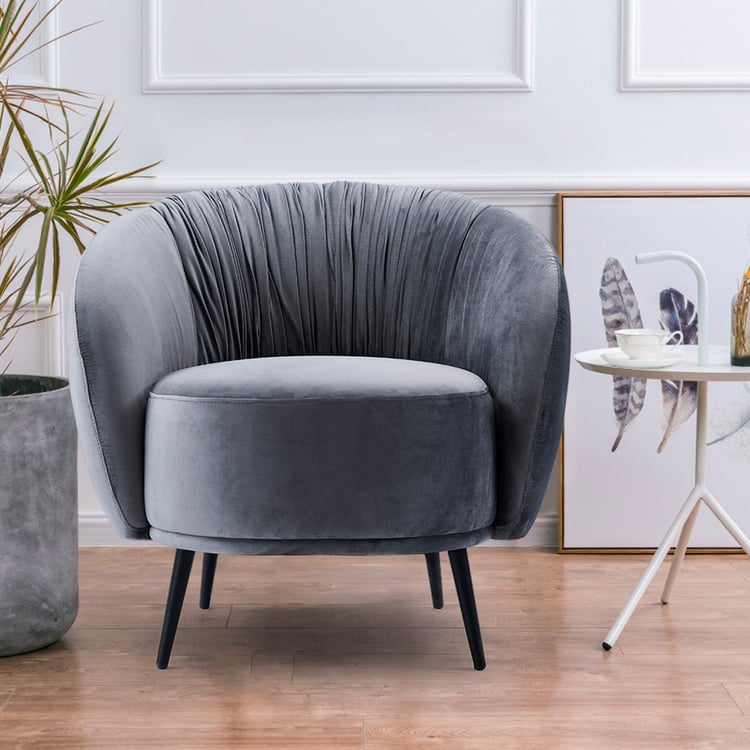 790mm Grey Round Pleated Back Cushioned Armchair with Metal Legs｜Homary