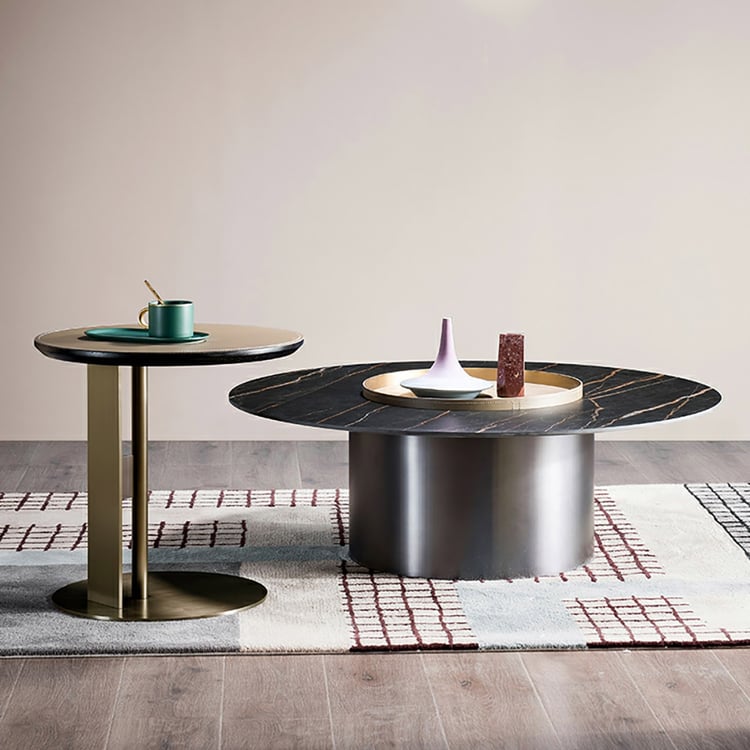 Round Modern Sintered Stone Top Coffee Table Set of 2 in Black & Brass ...