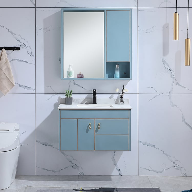 24" Blue Floating Bathroom Vanity with Medicine Cabinet & Integral ...