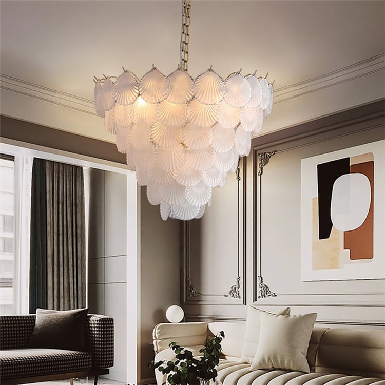 14-Light Contemporary White Tiered Glass Chandelier with Shell-Shaped ...