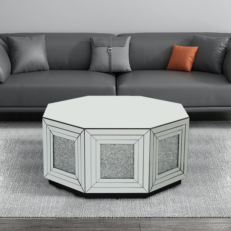 Octagonal Silver Glass Coffee Table with Drum Base and Glitter Accents ...