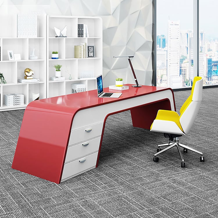 Red & White Metal Office Desk with 3 Drawers of Contemporary｜Homary