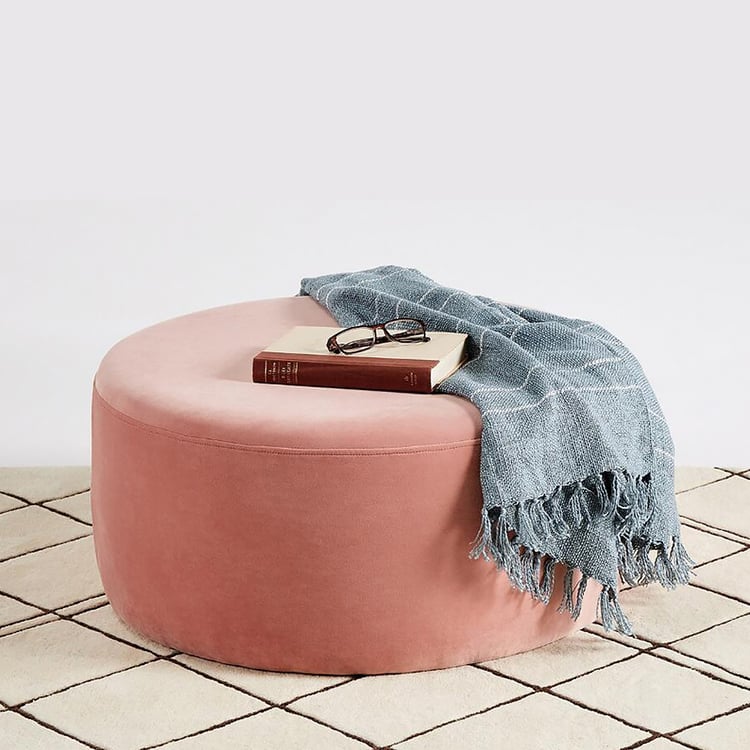Modern Pink Velvet Round Ottoman in Solid Wood Frame｜Homary UK