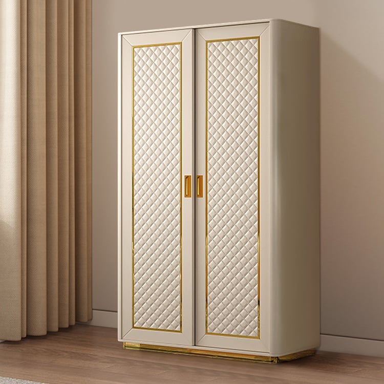1950mm Beige Faux Leather Wardrobe 2-Door with Storage Drawer & Shelves ...