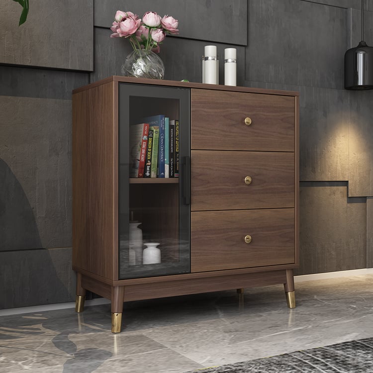 Modern Wooden Side Cabinet with Shelves & Drawers in Walnut｜Homary