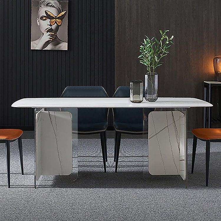 63" Modern White Rectangle Dining Table Sintered Stone Top with Double ...