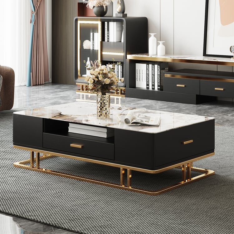 Contemporary Rectangle Sintered Stone Top Coffee Table with 4 Drawers ...