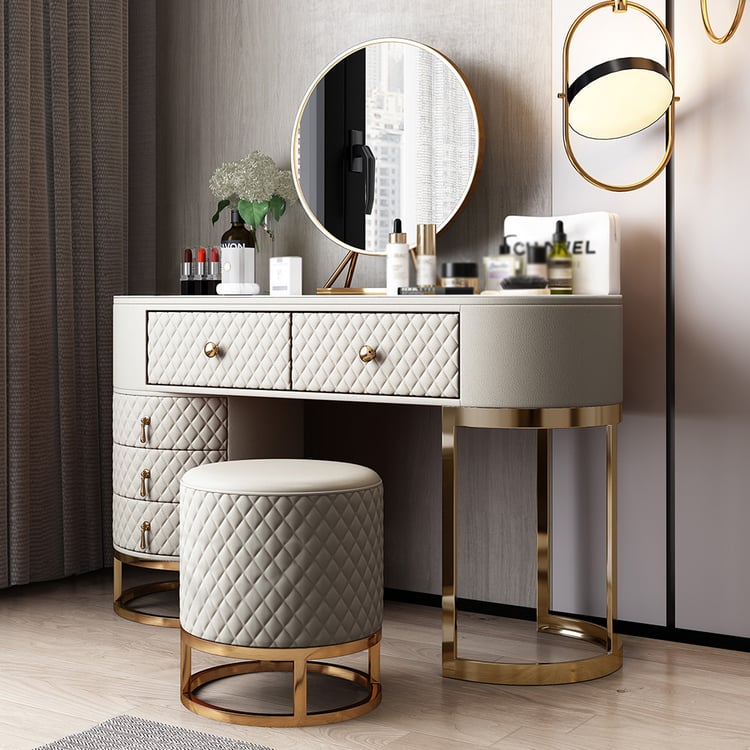 Off White Makeup Vanity Set Faux Leather Upholstered with Mirror ...