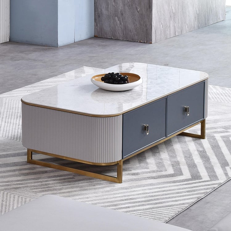 53" Modern Blue & White Rectangle Sintered Stone-Top Coffee Table with ...