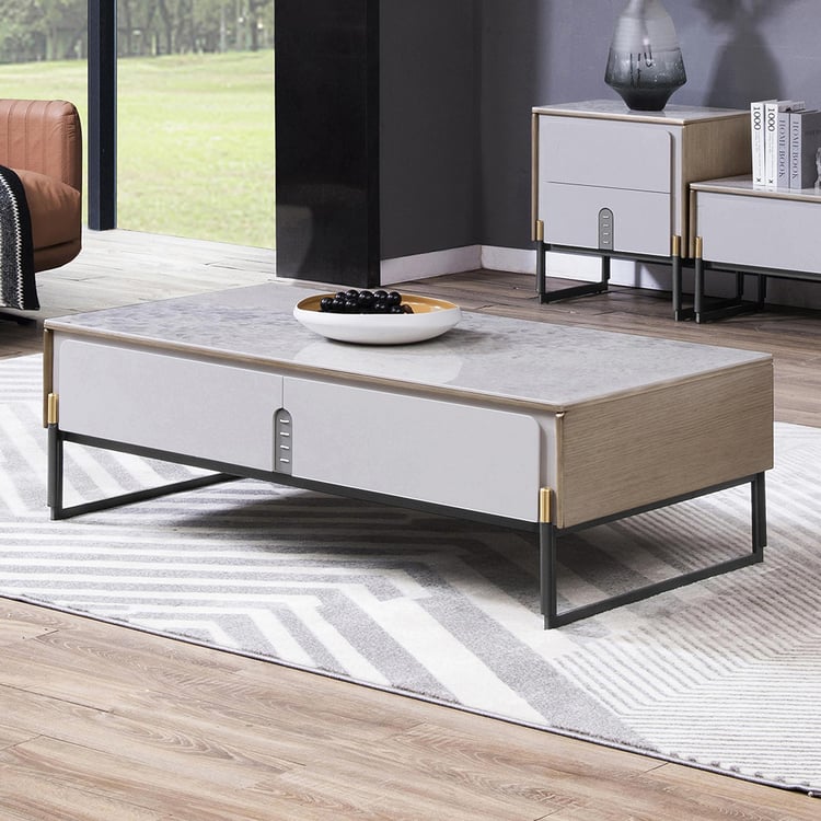 Rectangle Coffee Table with 4 Drawers & Sintered Stone Top in Natural ...
