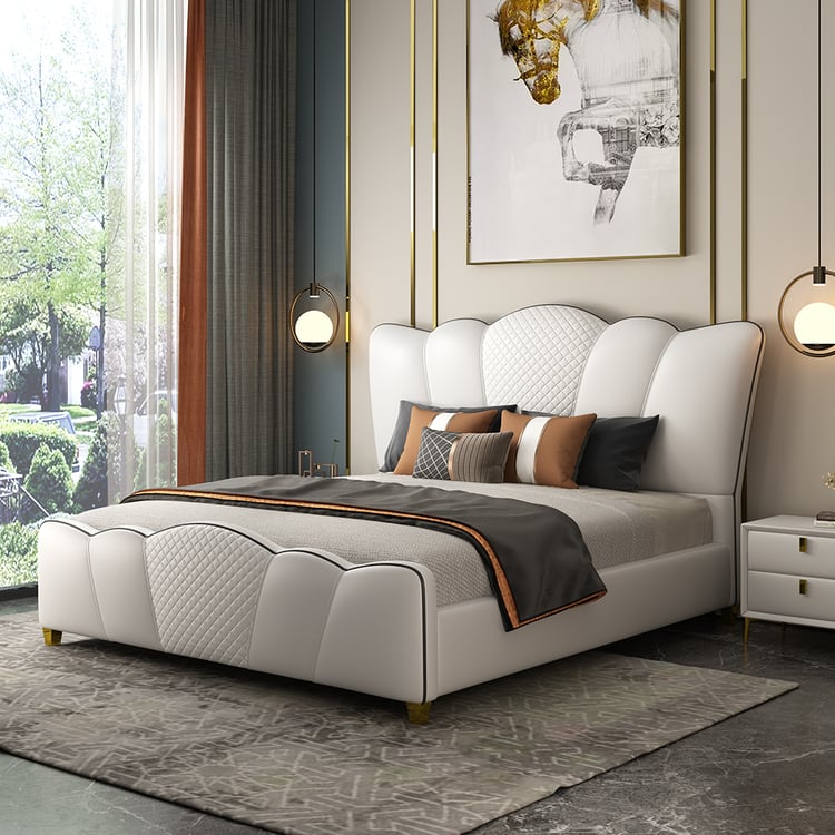 Milky White Modern Platform Bed with Curved Headboard Footboard in Microfiber Leather Homary UK