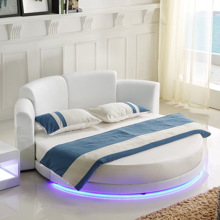 White Round Platform Bed Faux Leather Upholstered Bed with LED Light｜Homary