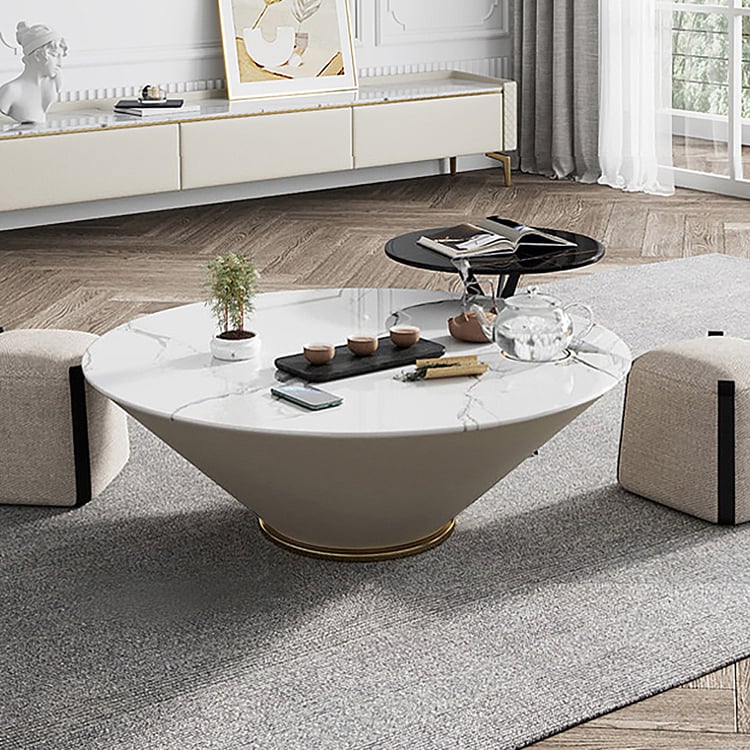 31.5" Modern Off White Round Coffee Table with Marble Top & Leather ...