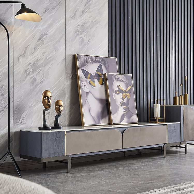 Modern TV Stand for 85 inch TVs with White Sintered Stone Top Blue Gray Drawers Homary UK