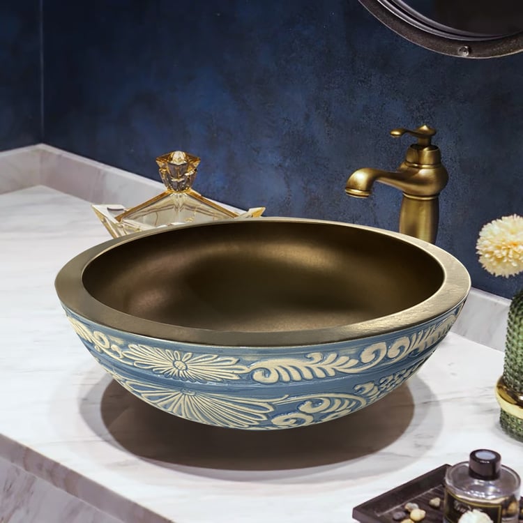 Blue & White Retro Style Rounded Countertop Basin Ceramic Wash Basin ...