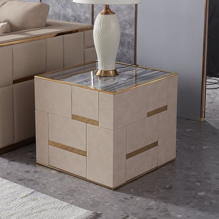 Modern Square Rose Gold End Table with Faux Marble Top｜Homary