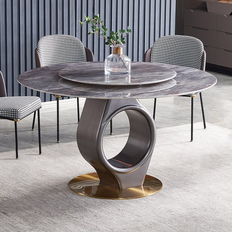 Modern Gray Round Dining Table with Lazy Susan and Faux Marble Tabletop ...
