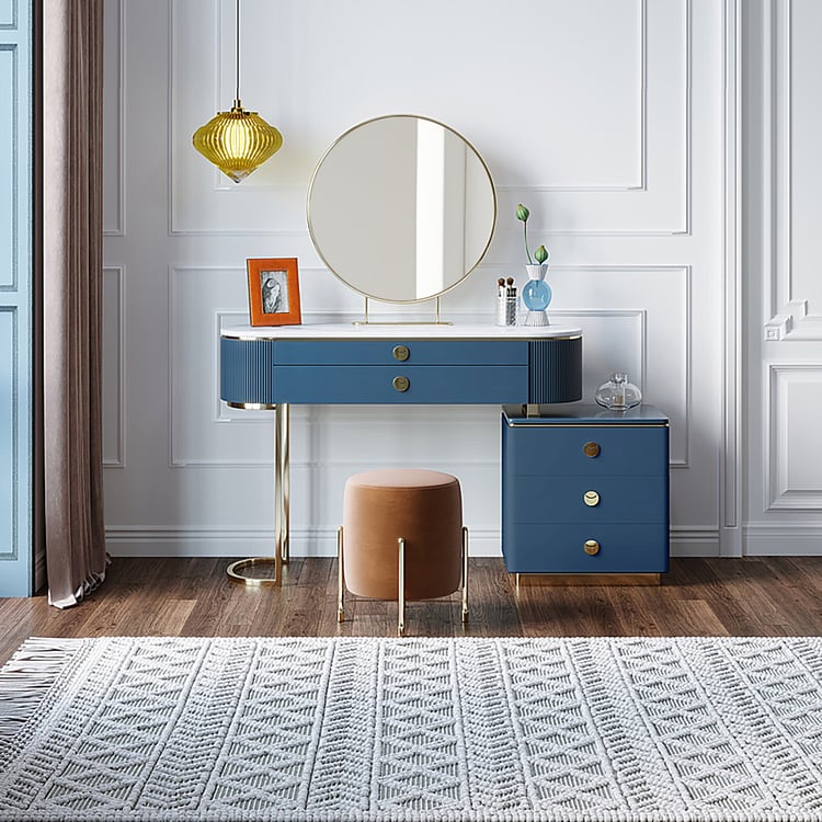 Modern Sintered Stone MDF Top Makeup Vanity Set with Cabinet Mirror Stool in Blue Homary UK