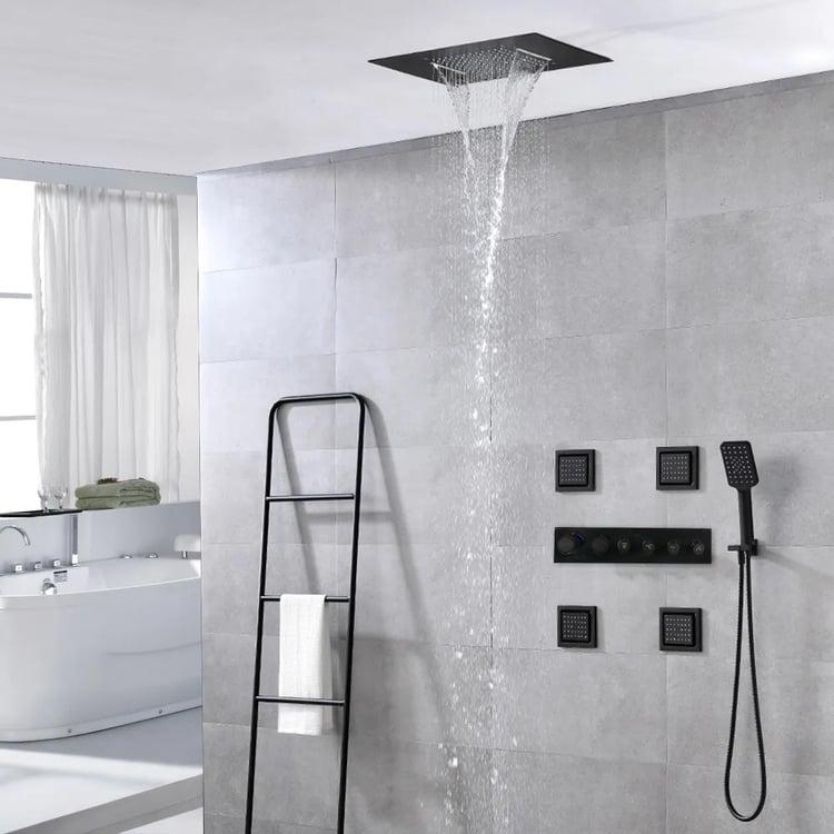 Wall-Mounted 24" Shower System in Matte Black 4-Function Thermostatic ...