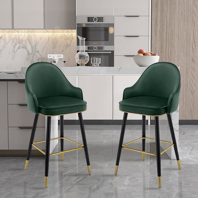 Green Velvet Counter Height Bar Stool with Footrest Set of 2 | Homary UK