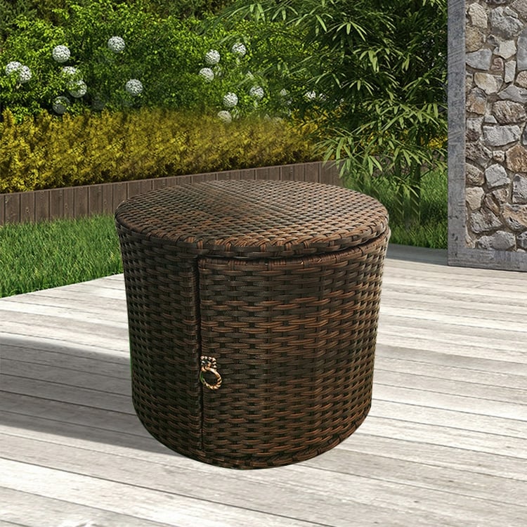 Outdoor Round Side Table with Storage 1 Door Garden Storage Rattan Homary