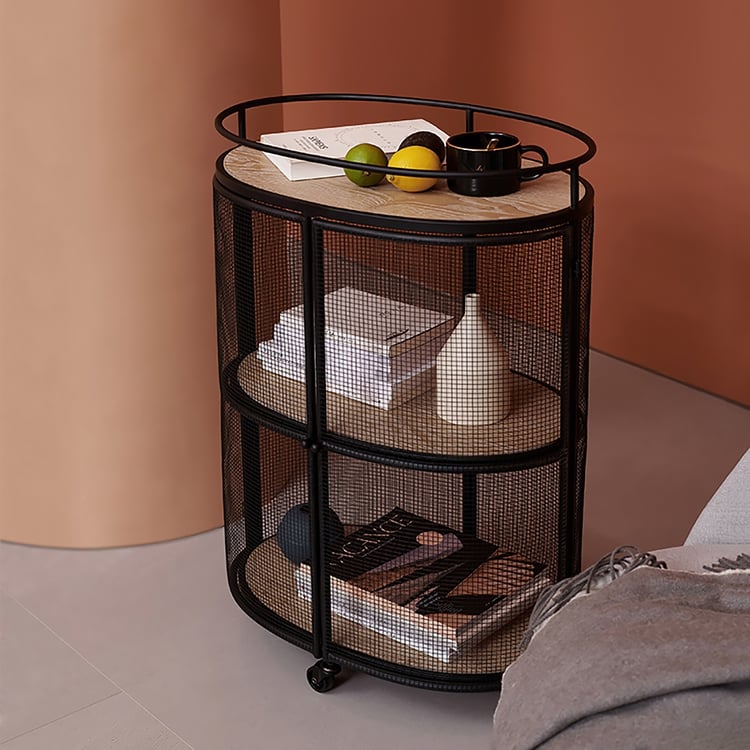 22"W Oval Rolling End Table Black Wire Mesh Bed Side Table Wooden ...