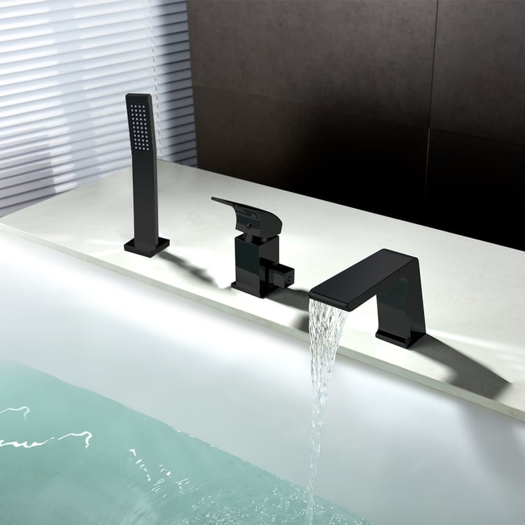 Rosa Contemporary Deck Mounted Waterfall Black 3-Hole Bath Tap & Hand ...