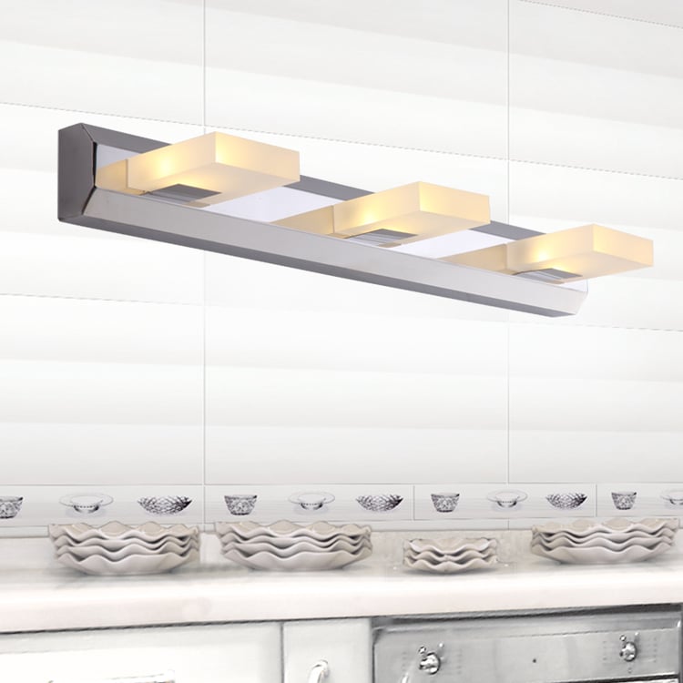 Three White Glass Cuboid LED Bath Vanity Light in Chrome｜Homary