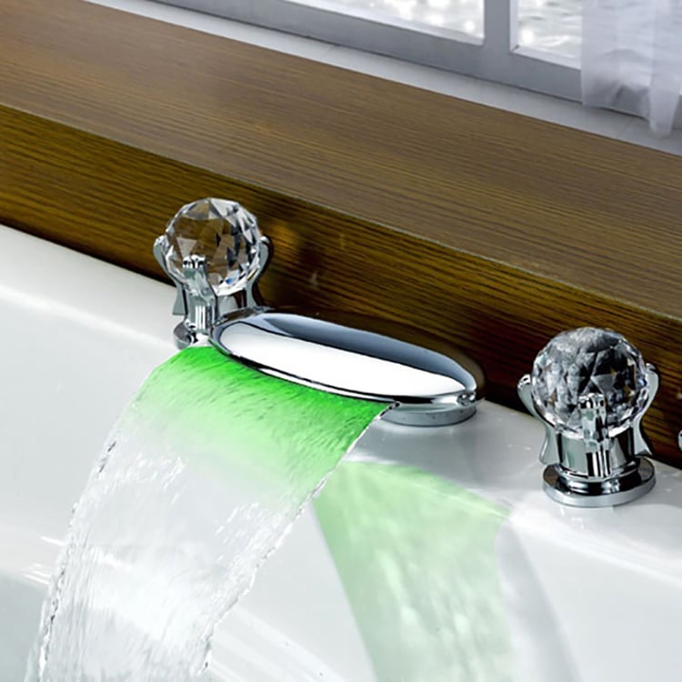 Clam Widespread LED Waterfall Chrome Bath Sink Faucet With 2 Crystal ...