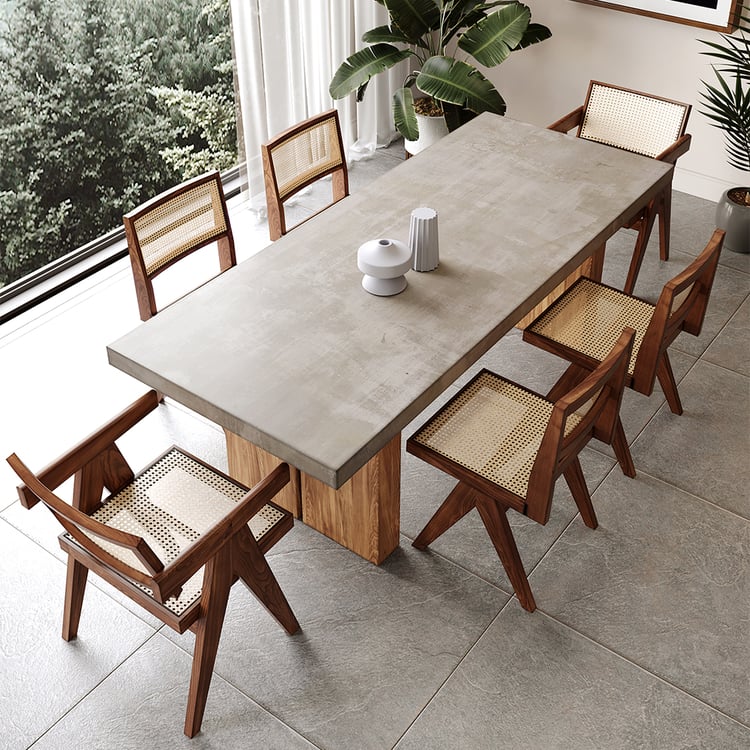 2000mm Farmhouse Natural Wooden Dining Table & 8 Walnut Japandi Rattan Dining Chairs Set｜Homary UK