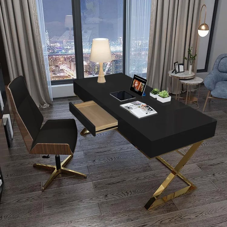 1400mm Black Office Desk with Drawer Rectangular Modern Computer Desk ...