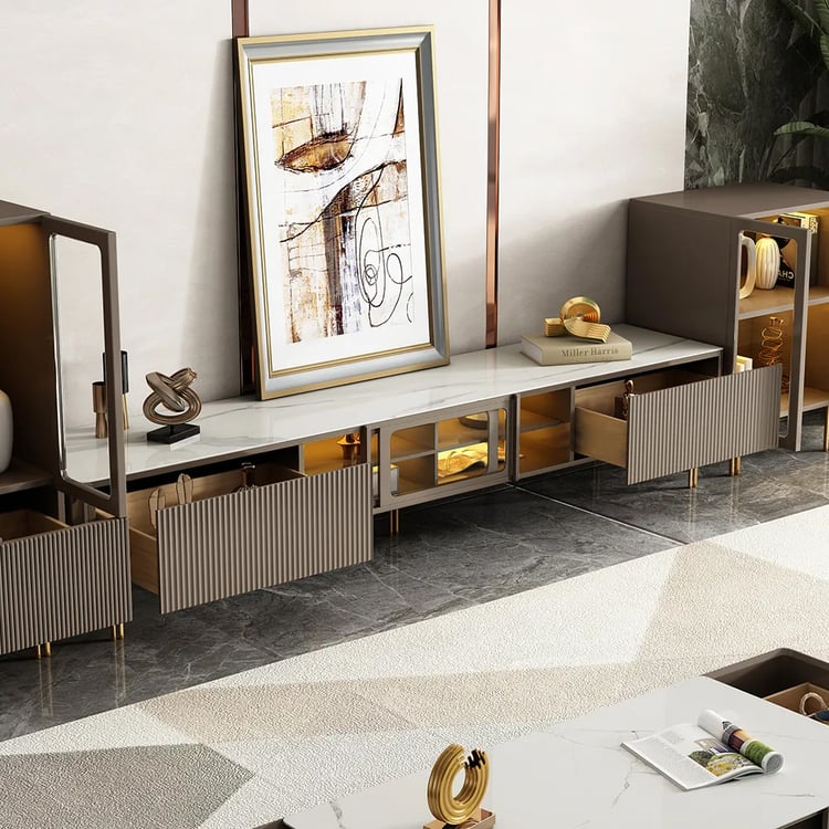 Rectangular Stone Top TV Stand Console with Storage Glass Sliding Doors Homary DE
